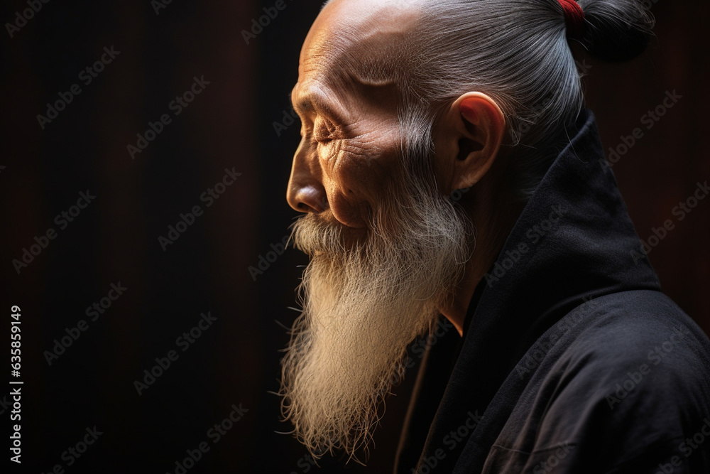 Profile of an old Chinese monk, eyes closed in deep contemplation, old ...