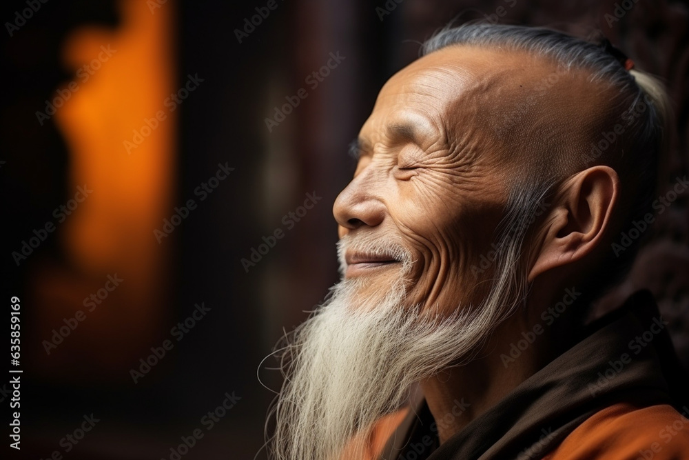 Profile of an old Chinese monk, eyes closed in deep contemplation, old ...