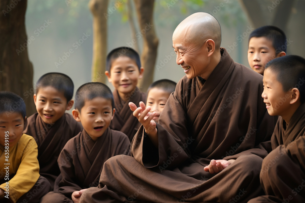Foto de Old Chinese monk teaching a group of children about mindfulness ...