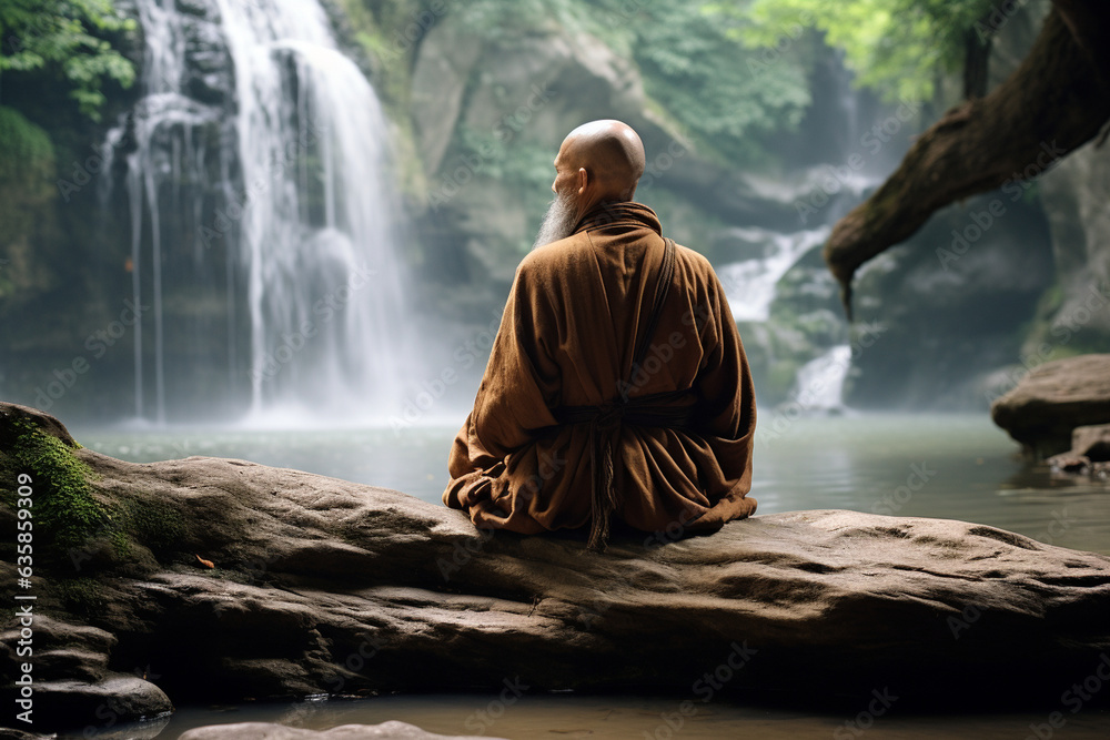 Old Chinese monk in a quiet moment, gazing at a waterfall's flowing ...