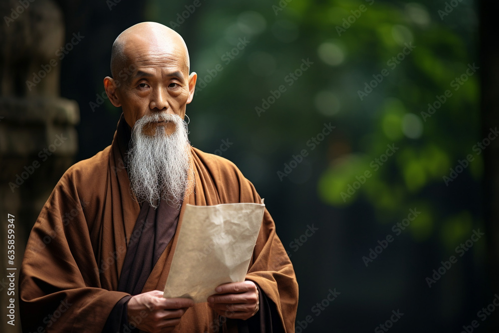 Old Chinese monk in traditional robes, holding an ancient scroll, old ...