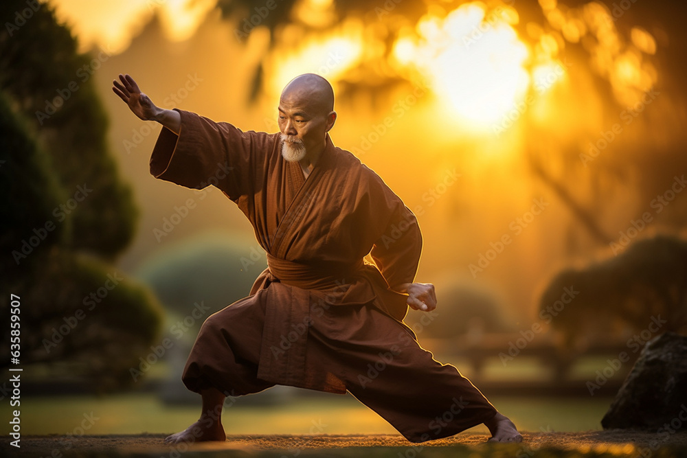 Sunrise or sunset, old Chinese monk practicing martial arts in a ...