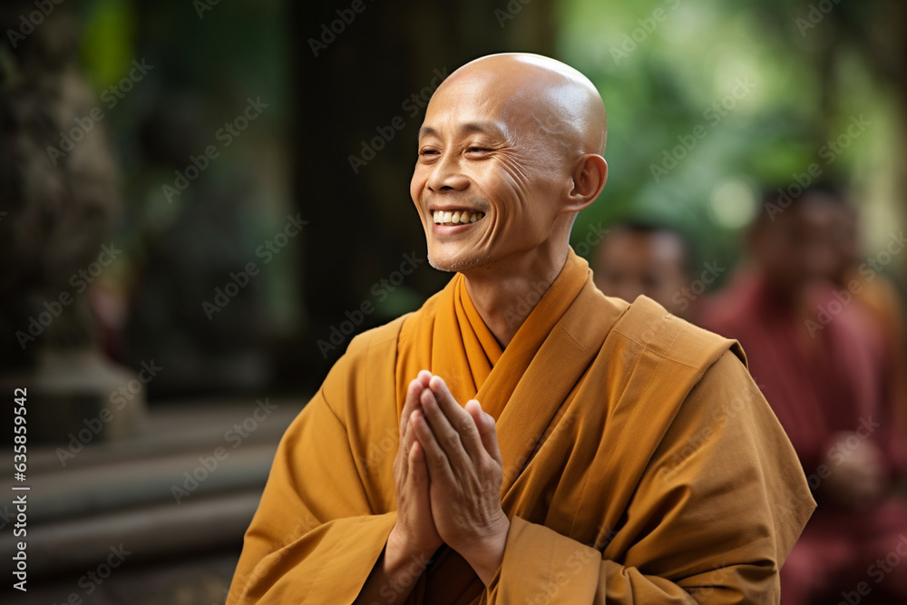Old Chinese monk guiding a group in a peaceful chanting session, old ...