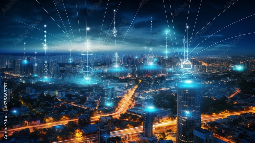 Antenna communication technology with city background. Communication ...