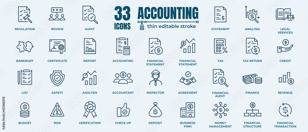 Accounting icon set. Containing financial statement, audit, financial ...
