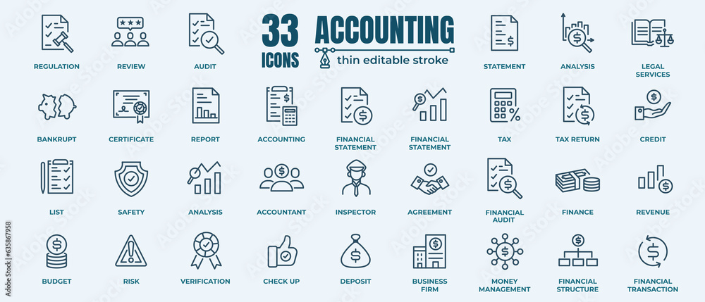 Accounting icon set. Containing financial statement, audit, financial ...