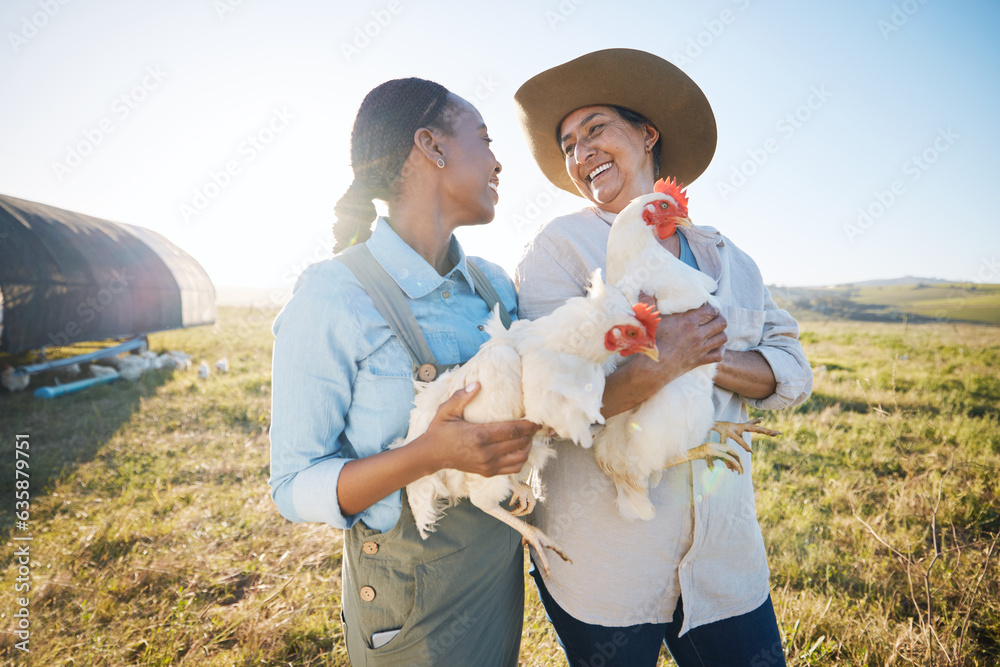 Happy, team of women and chicken on farm in agriculture, bird or meat ...
