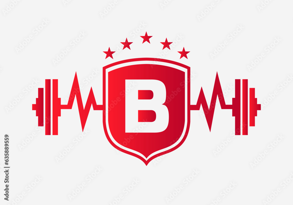 Letter B Gym Fitness Logo Design Concept With Barbell Shield and Start ...