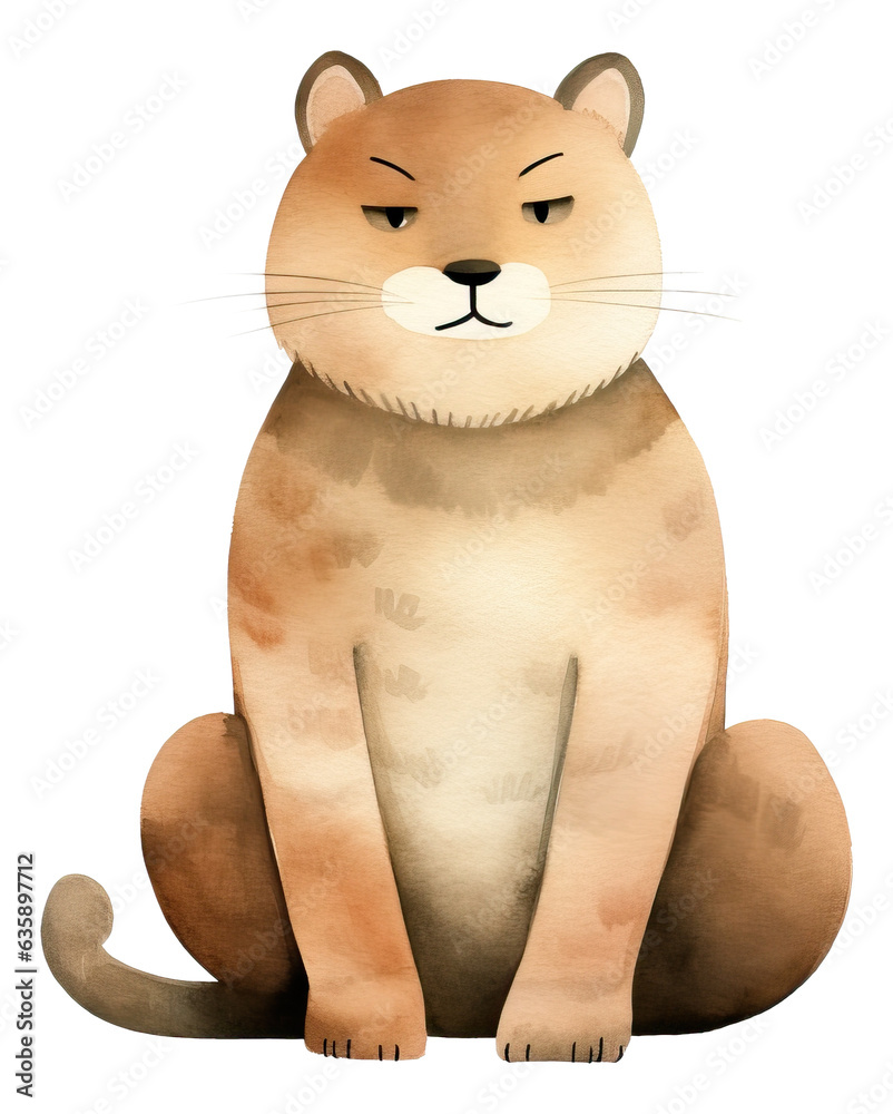 Cute mountain lion cartoon character, Hand drawn watercolor isolated ...