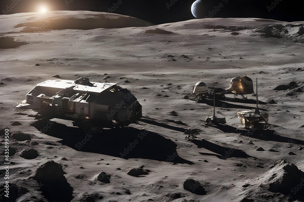 Bases and spaceship on moon. Mission to Moon, astronauts are working ...