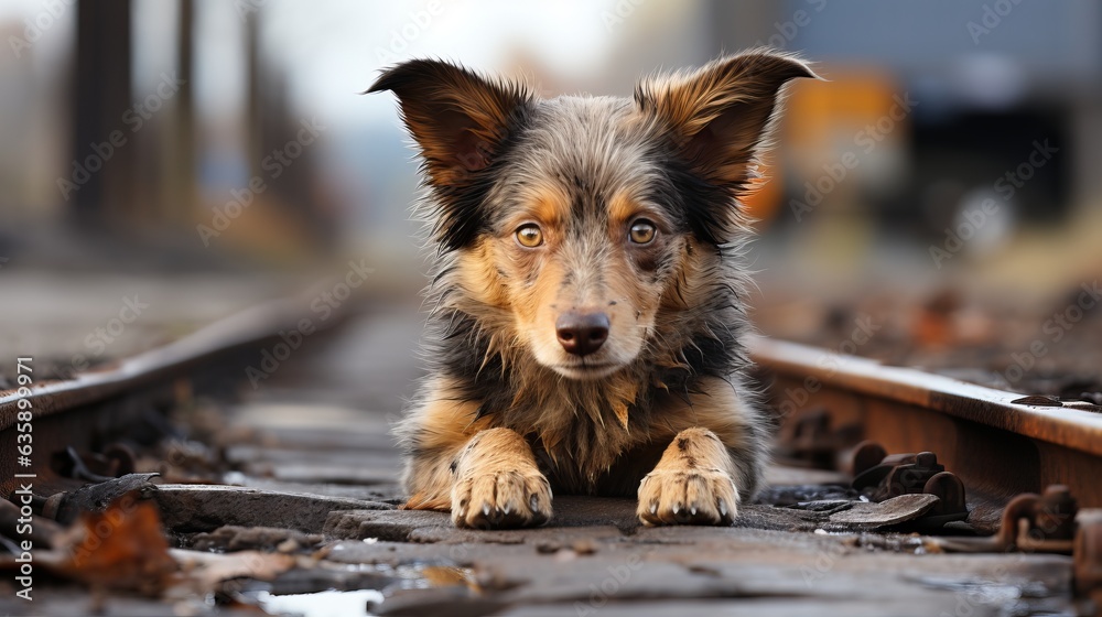Foto de Sad and dirty stray dog, cute abandoned animal, dog loneliness ...