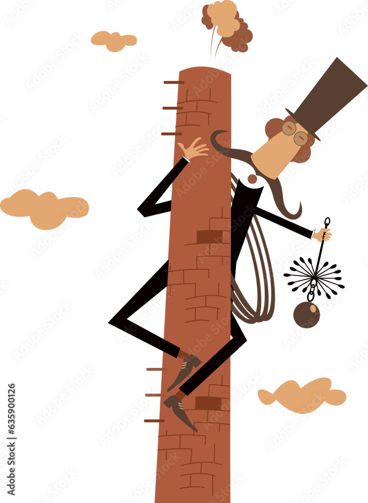 Chimney sweeper, rope, chimney brush, stove pipe. Cartoon chimney ...