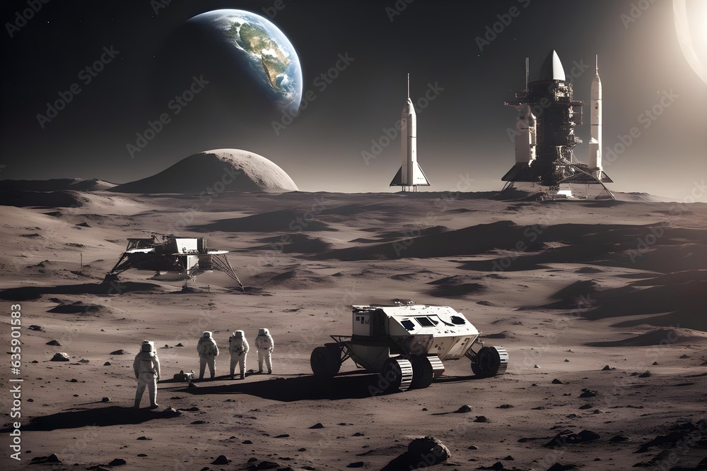 Bases and spaceship on moon. Mission to Moon, astronauts are working ...