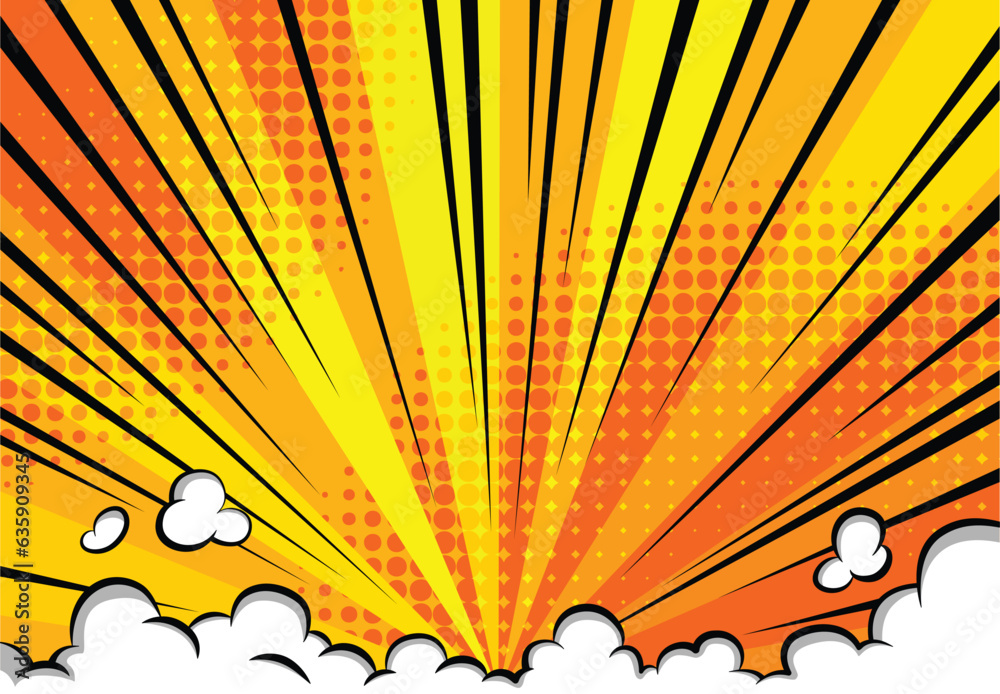 Sunset comic background. Bright pop art with halftone color. Comics ...