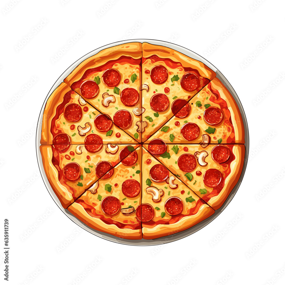 Hand Draw Pizza with various ingredients in cartoon style. Whole and ...