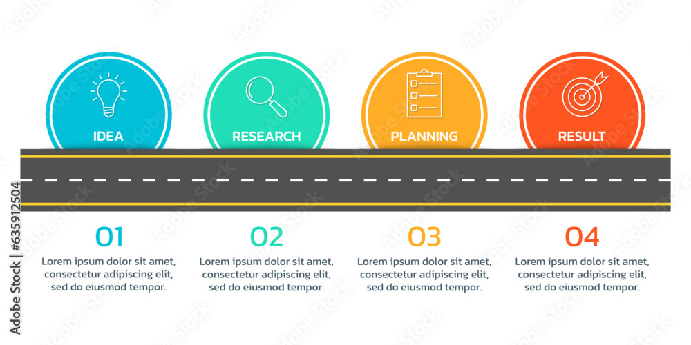 Road infographic. 4 step, option road map info graphic design. Timeline ...