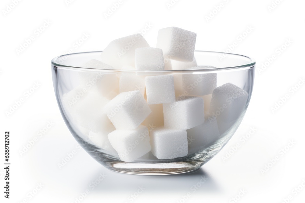 Extra big sugar cubes in glass bowl isolated on a simple background ...