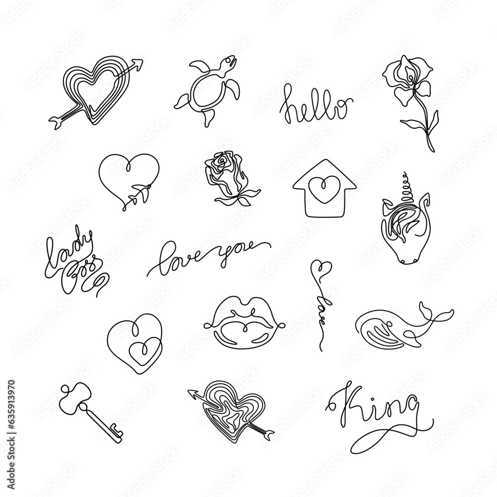 Small flash tattoo set, continuous line drawing, sticker design pack ...