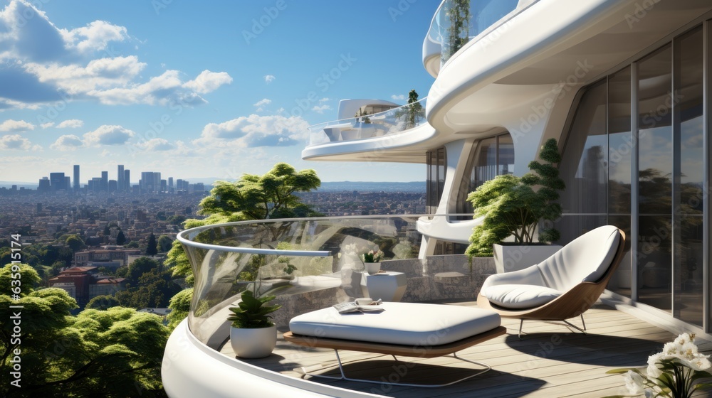 The upper and lower balconies are curved. There are plants on the ...