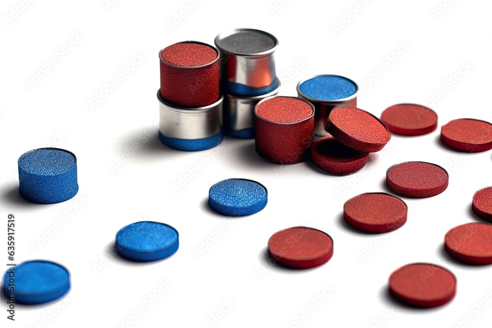 A magnetic field comprised of iron powder and red and blue bar magnets ...