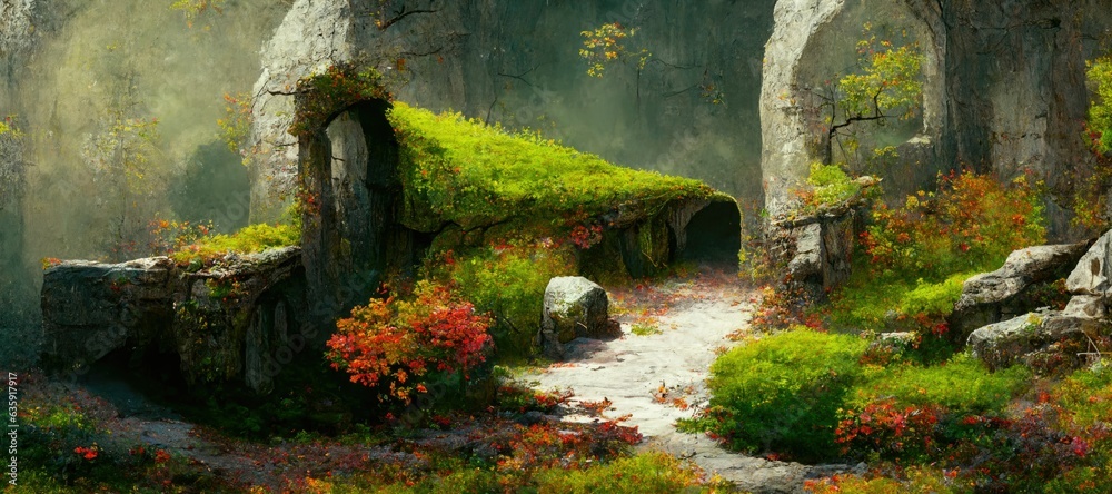 Mystical woodland forest in Autumn with remnants of old druid buildings ...