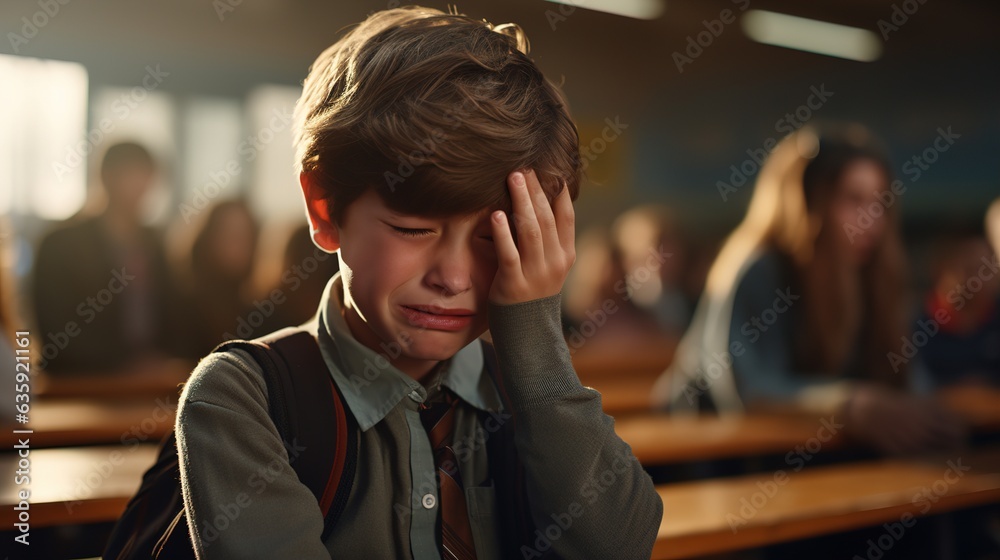 Crying schoolboy at the school desk in the classroom. School bullying ...