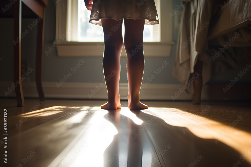 Child's bare feet on a wooden floor in flont of a window. A lonely kid ...