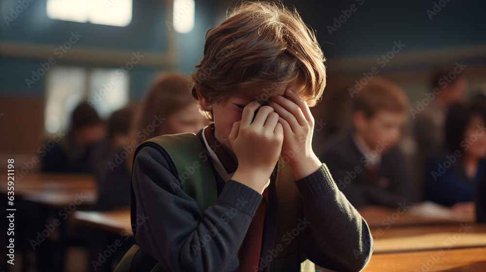 Crying schoolboy at the school desk in the classroom. School bullying ...