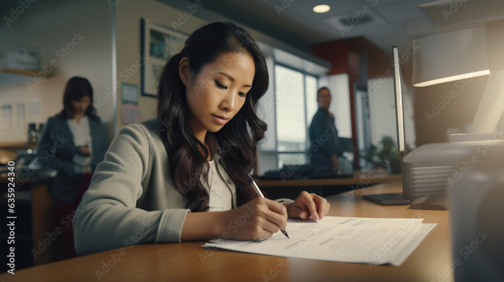 Asian woman filling out paper work at the doctors office. Concept of ...