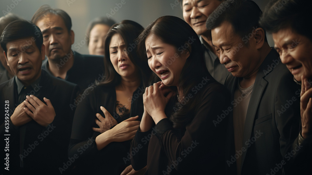 Foto de Asian family grieving at funeral in church. Concept of Funeral ...