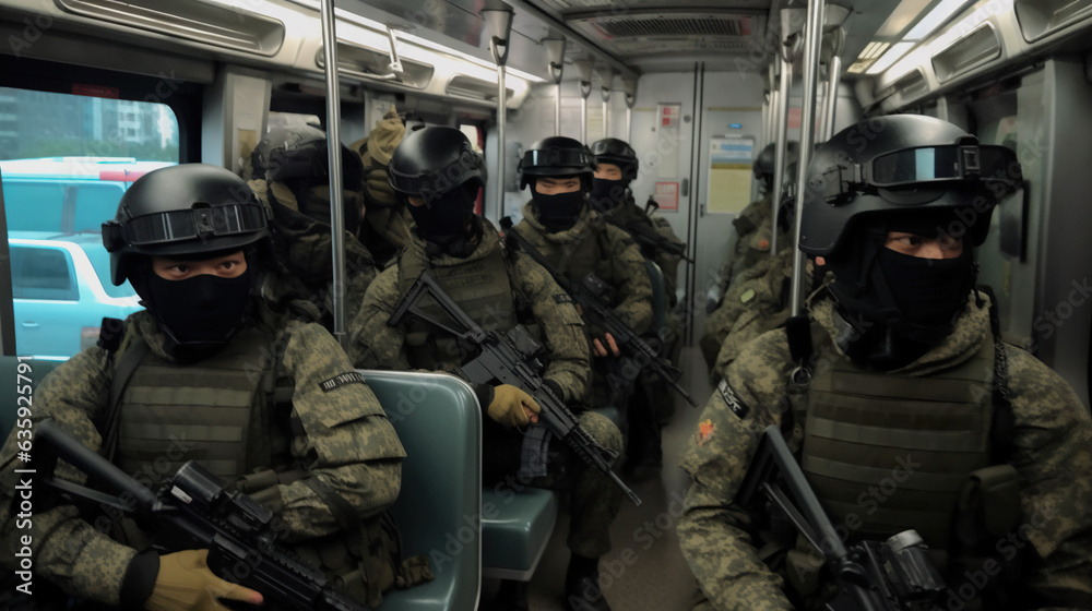Asian men as Special forces on the bus traveling. Concept of Elite military unit, covert ...