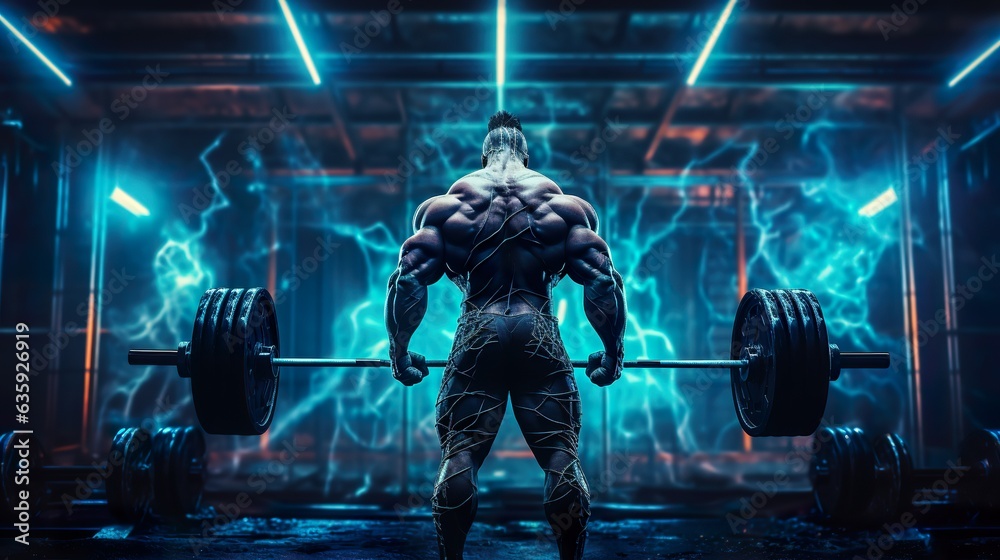 brutal muscular bodybuilder athlete at workout in futuristic gym, dark ...