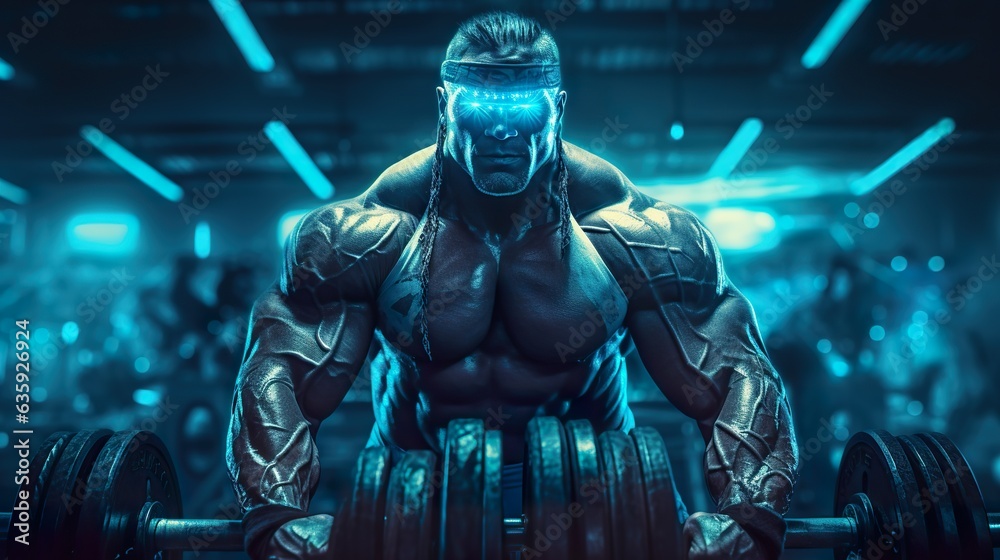 brutal muscular bodybuilder athlete at workout in futuristic gym, dark ...