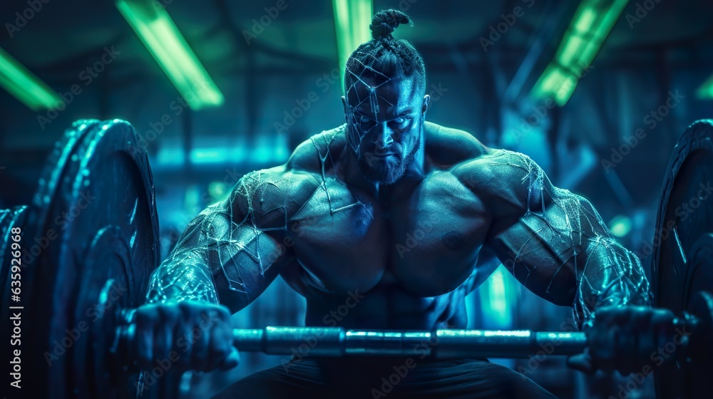 brutal muscular bodybuilder athlete at workout in futuristic gym, dark ...