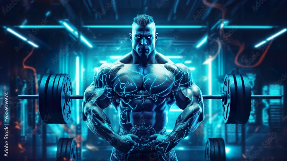 brutal muscular bodybuilder athlete at workout in futuristic gym, dark ...