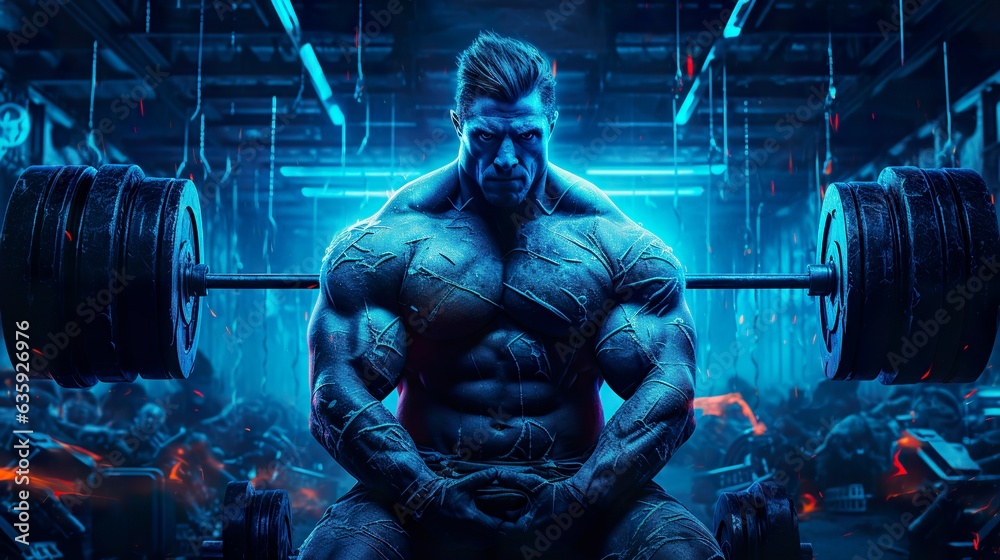 brutal muscular bodybuilder athlete at workout in futuristic gym, dark ...