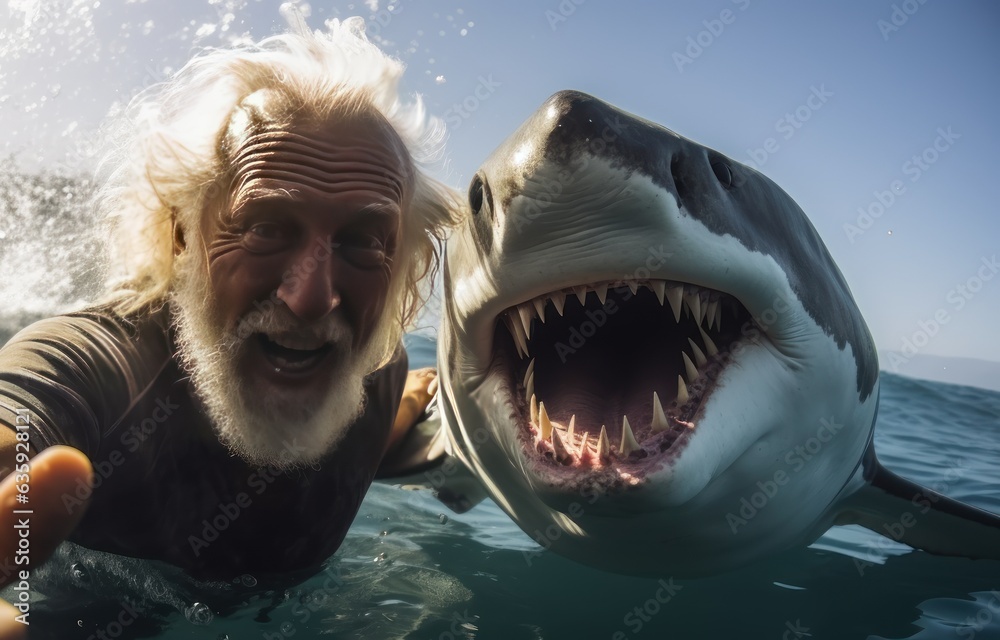 old man surfer swimming and taking selfie with a great white shark ...