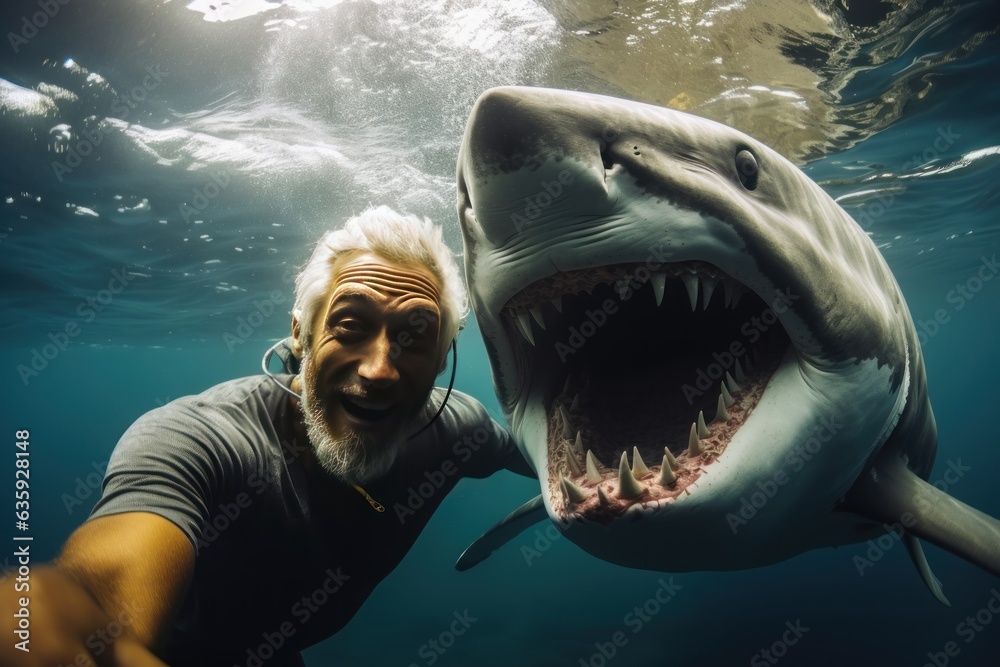 old man surfer swimming and taking selfie with a great white shark ...