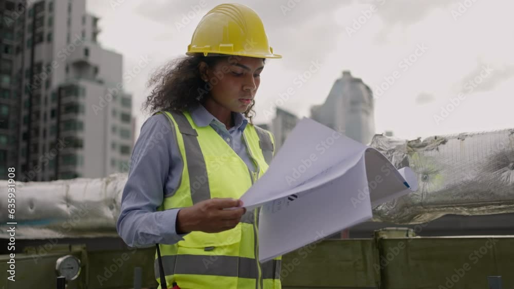Civil engineer woman dark skin wearing uniform and safety helmet under ...