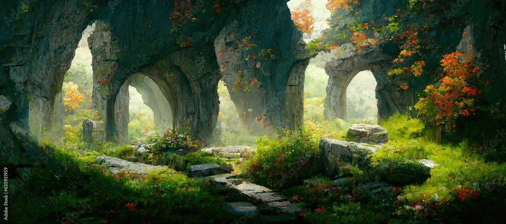 Mystical woodland forest in Autumn with remnants of old druid buildings ...