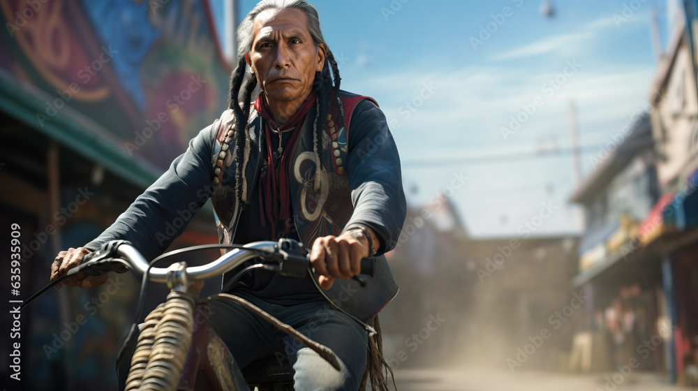 Native American man riding on bicycle in sunny city streets. Concept of ...
