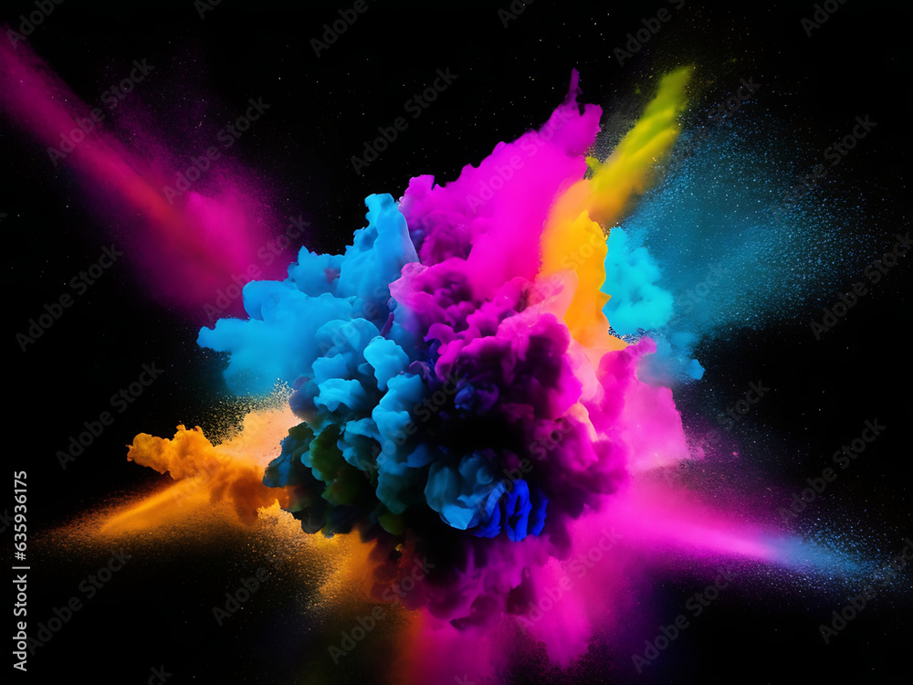 Holi paint rainbow multi colored powder explosion on black background ...