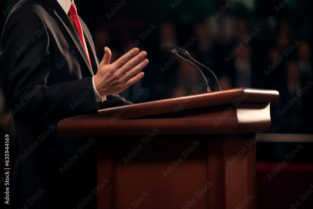 Speech of a politician in a suit behind the tribune. Politician's hands ...