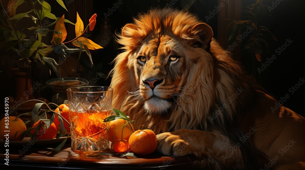 Lion with cold lemonade. Terrible predator drinking mojito and iced tea ...