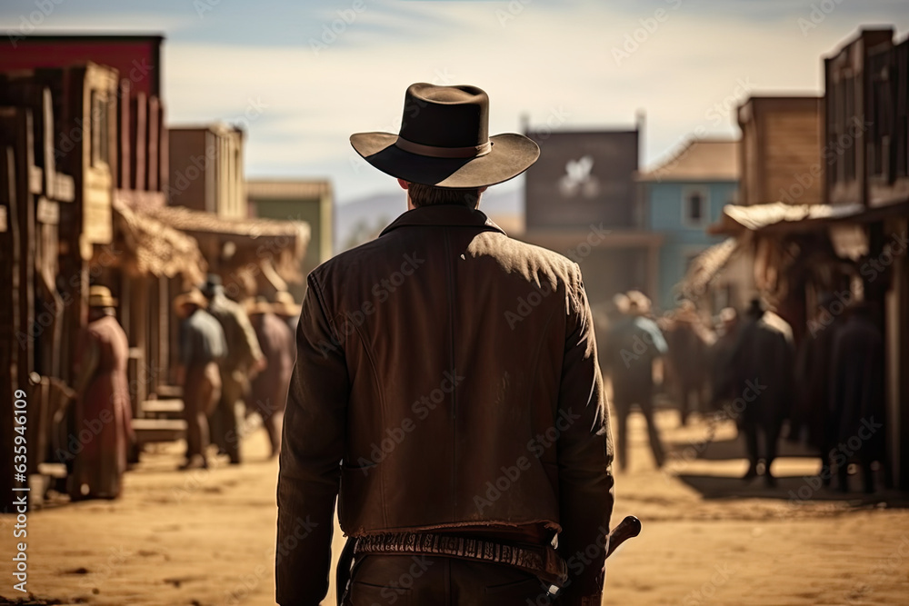 Foto de Back view of cowboy is standing, western movie scene in wild ...