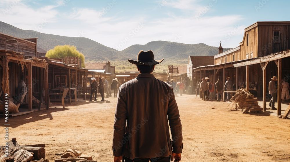 Back view of cowboy is walking, western movie scene in wild west town ...