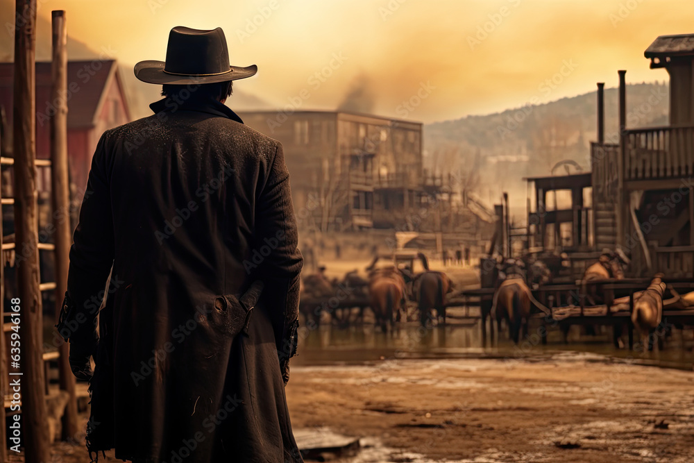 Back view of cowboy is walking, western movie scene in wild west town ...