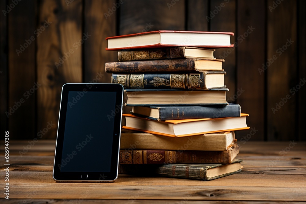 Books and tablet share white space, creating a modern contrasted ...