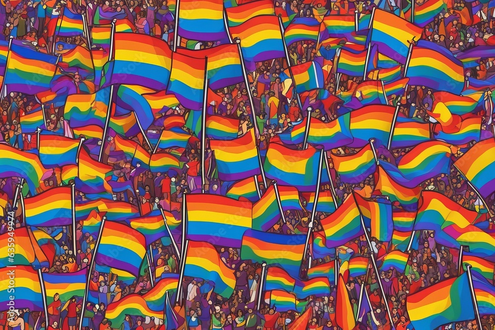 LGBTQ+ pride with rainbow flags and symbols. Lively parade scene in art ...