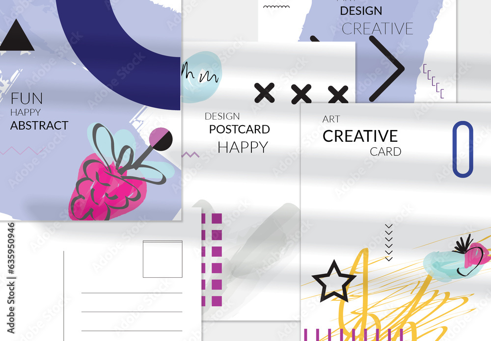 Postcard Layout with Hand Drawn Abstract Floral Doodles and Geometric ...